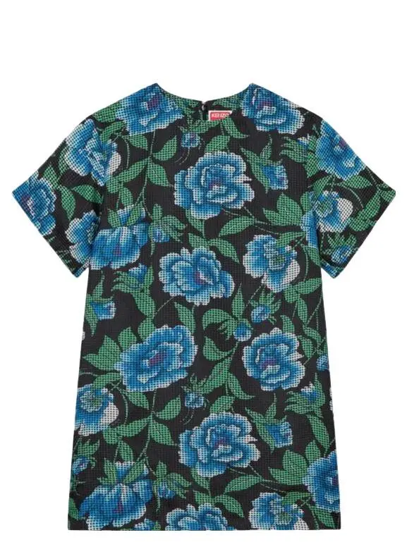 Kenzo Peonies" Floral Pattern Short Sleeve T-shirt Dress - Black