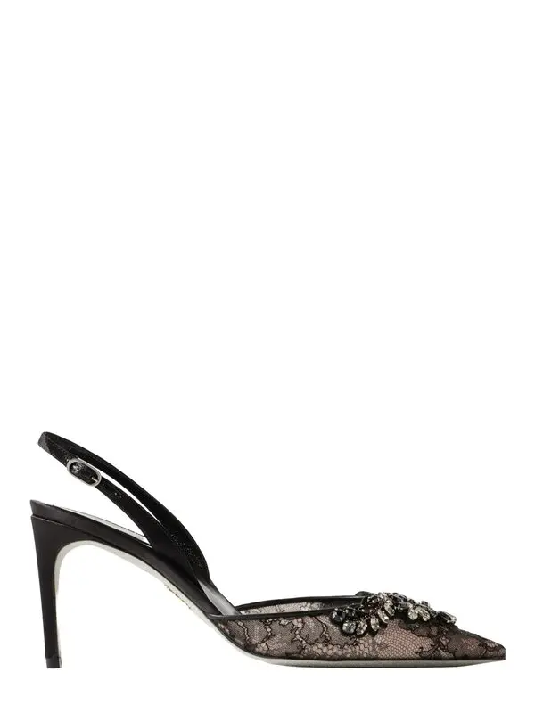 Rene Caovilla Crystal-embellished Lace And Satin Slingback Pumps - Black