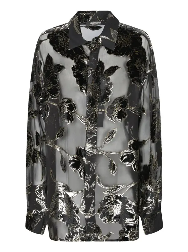 Roberto Cavalli Floral Sheer Long Sleeve Shirt - Black