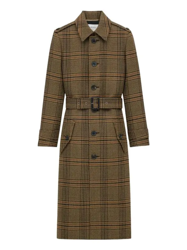 Saint Laurent Prince Of Wales Belted Long Coat - Chestnut Beige Sauce