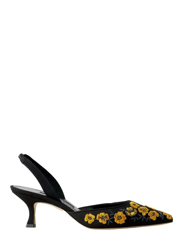 Manolo Blahnik Pointed Toe Slingback High Heel Sandals With Floral Embroidery - Black