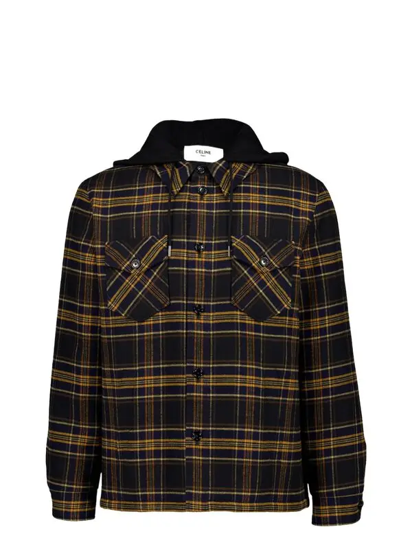 Celine Hooded Overshirt In Checked Cotton - Black