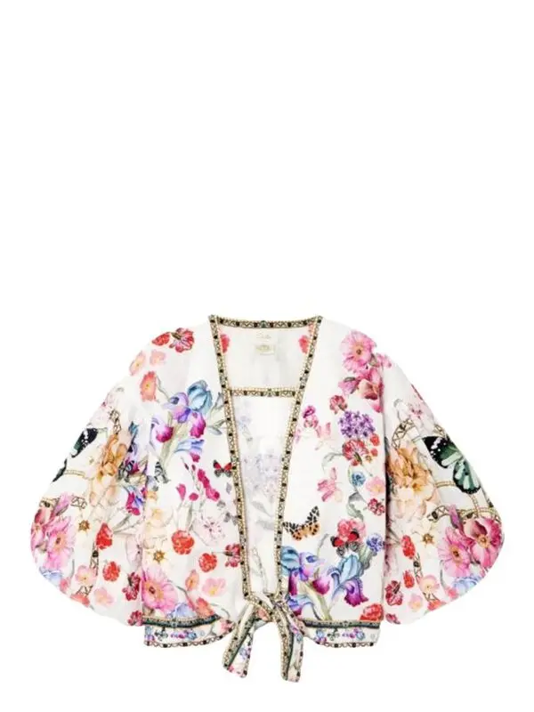 Camilla Embellished Printed Linen Crop Top - White