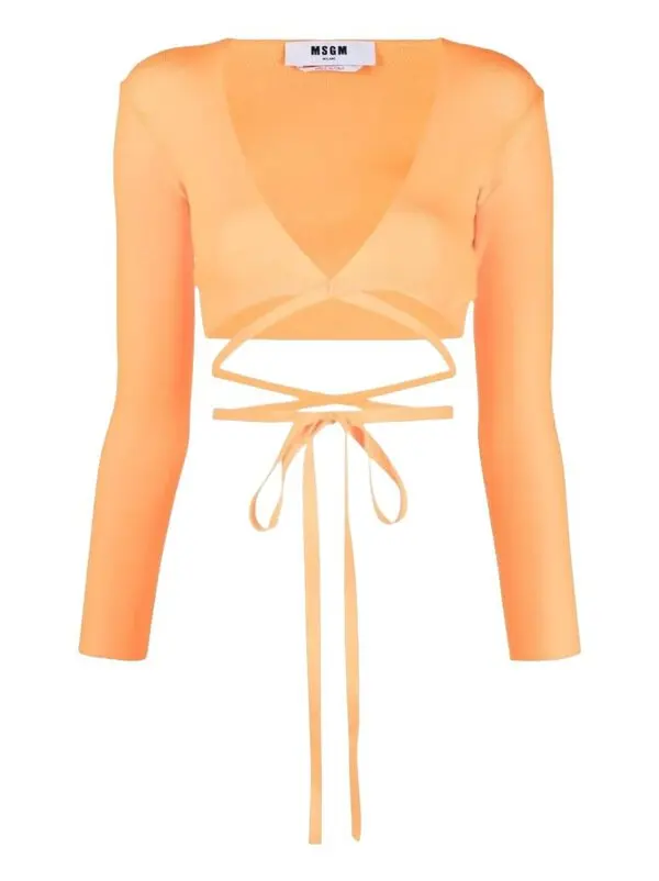 MSGM Cropped V-neck Top With Tie Detail - Orange