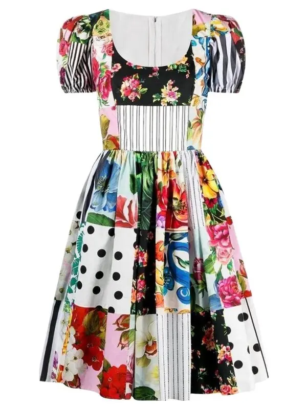 Dolce & Gabbana Patchwork Balloon Sleeve Mini Dress - Multicolor