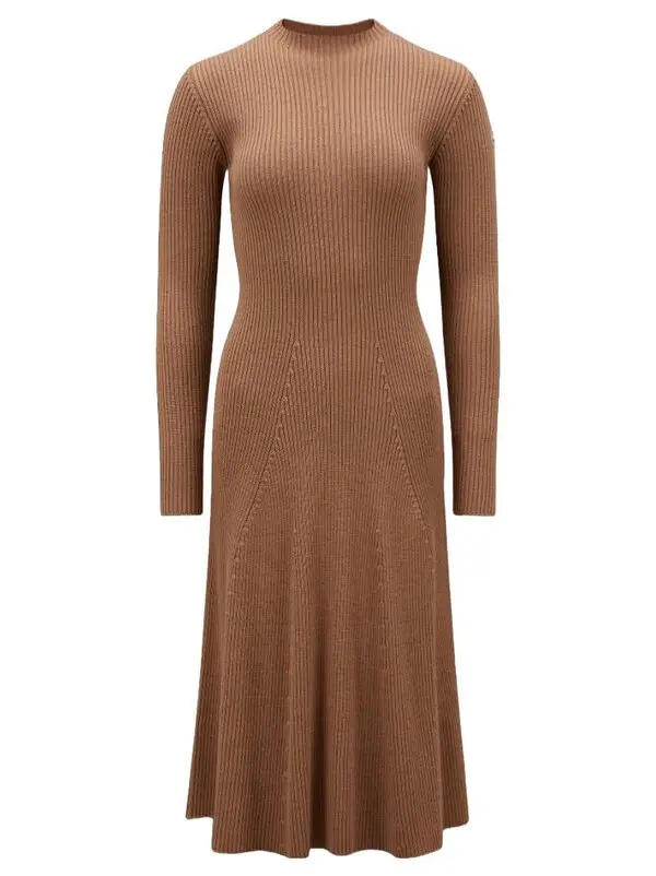 Moncler Ribbed Knit Midi Dress With Logo Patch - Brown