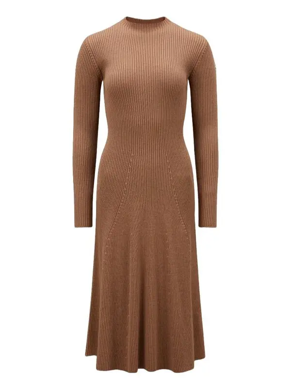 Moncler Ribbed Knit Midi Dress With Logo Patch - Brown