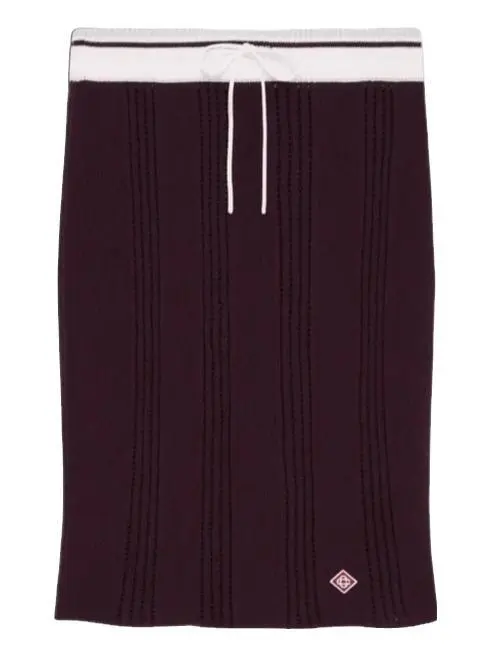 Casablanca Ribbed-knit Cotton Midi Skirt With Drawstring Waistband And Contrast Stripes - Burgundy
