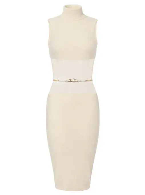 Elisabetta Franchi High-neck Sleeveless Knit Midi Dress With Chain Logo Belt - Milk