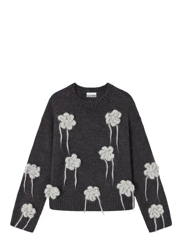 GANNI Floral Crochet Knit Sweater - Dark Gray