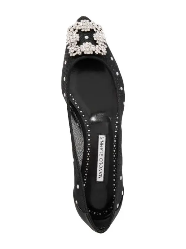 Manolo Blahnik Mesh Polka Dot Pointed Ballet Flats With Embellished Toe - Black
