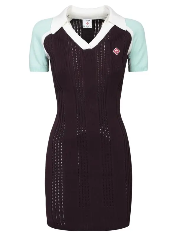 Casablanca Short Sleeved Contrast Collar Ribbed Tennis Dress - Black