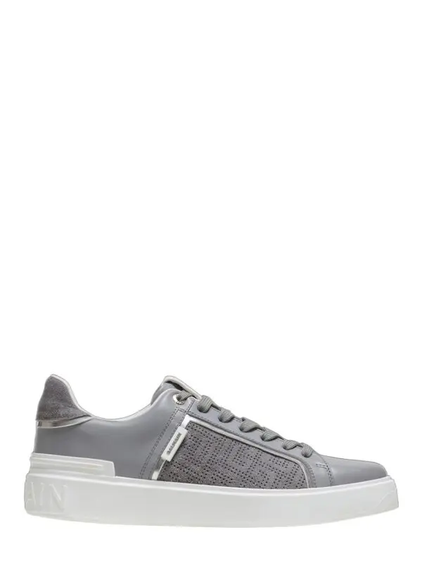 Balmain B-court Perforated Monogram Leather Sneakers - Gray