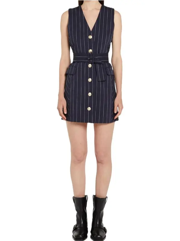 Marella Sleeveless V-neck Belted Mini Dress With Button Details - Black