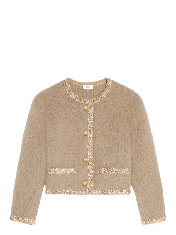Celine Embroidered Cardigan Jacket In Brushed Mohair - Taupe