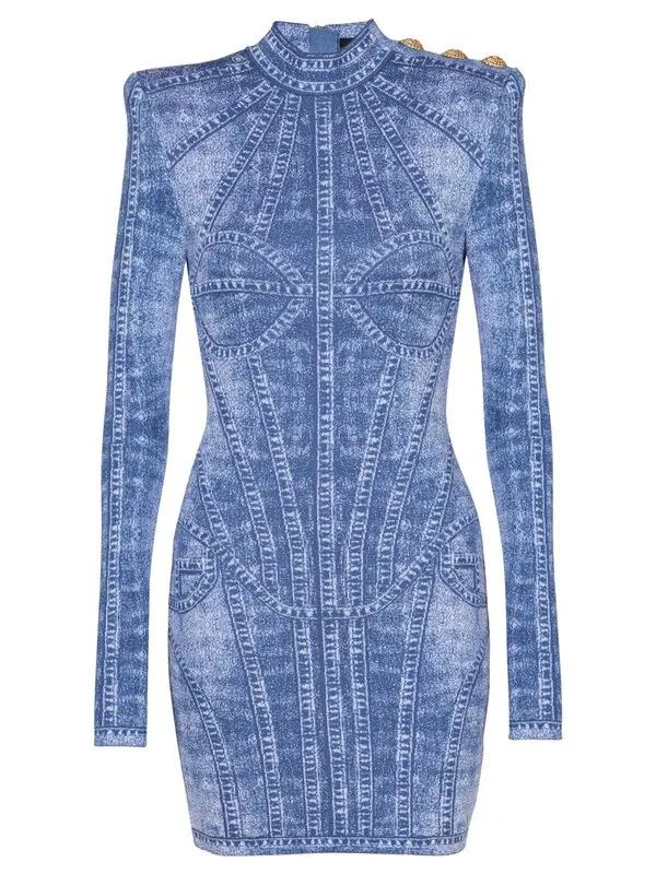 Balmain Denim Effect Jacquard Knit Dress - Blue