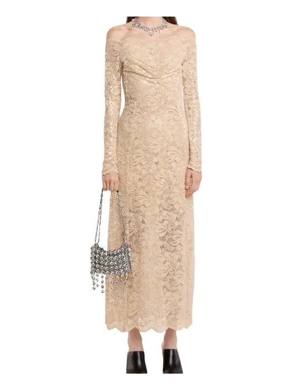 Rabanne Sequin-embroidered Lace Long Dress - Nude