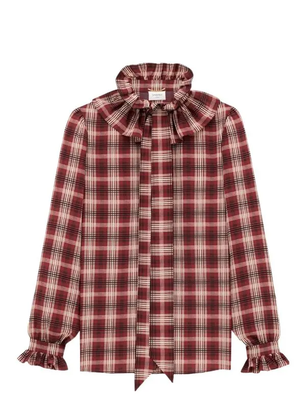 Saint Laurent Checkered Ruffle Detailed Shirt - Bordeaux Black Wine