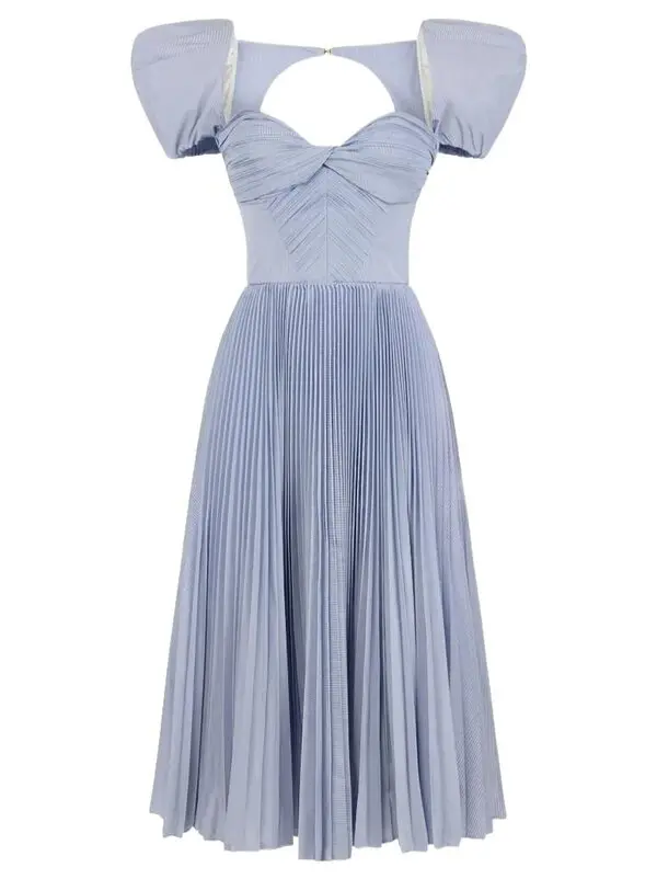 Elisabetta Franchi Striped Taffeta Dress With Balloon Sleeves And Pleated Skirt - Oxford Blue