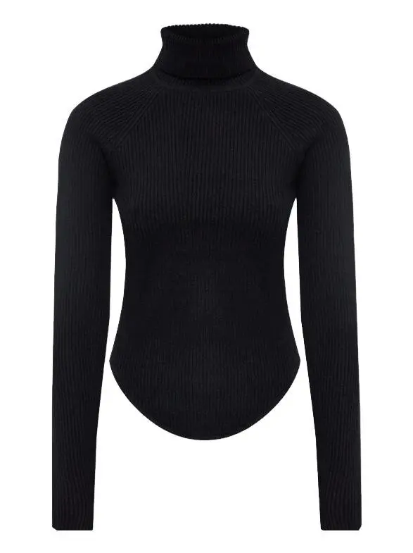 Cult Gaia High Neck Ribbed Knit Long Sleeve Sweater - Black
