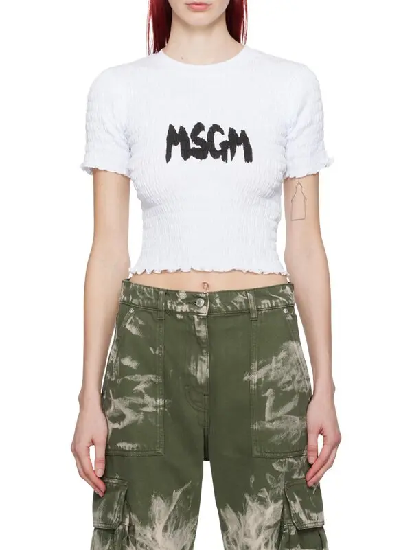 MSGM Logo Printed Smocked Cropped Top - Black