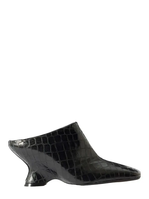 Dries Van Noten Croc Effect Wedge Mules - Black
