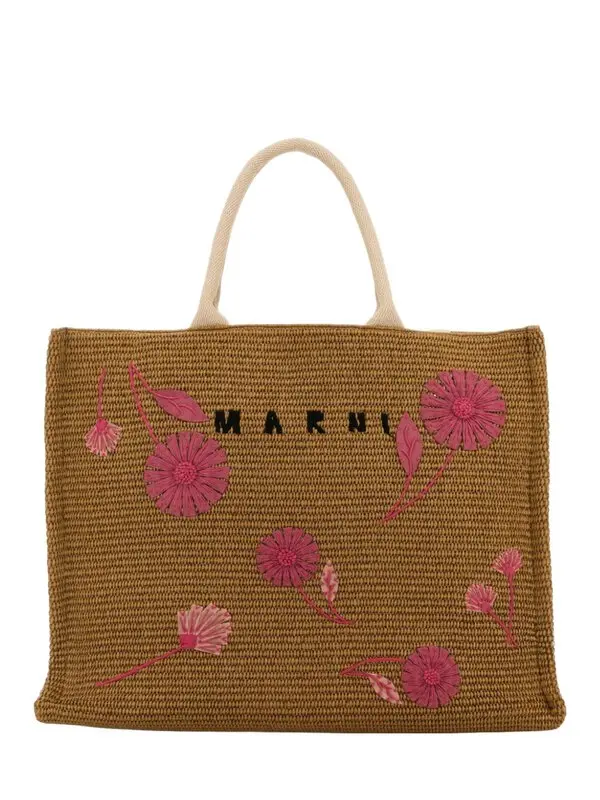 Marni Floral Appliqué Large Basket Bag - Caramel