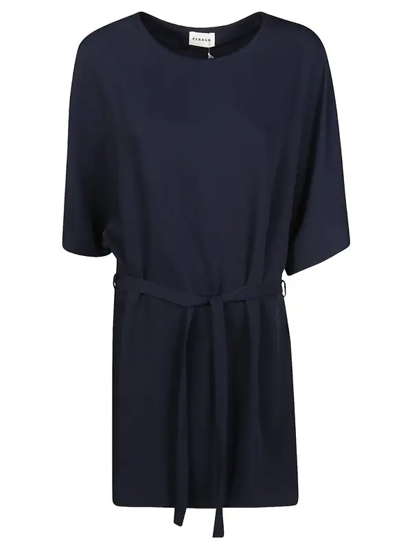 P.a.r.o.s.h Round Neck Short Sleeve Belted Mini Dress - Black