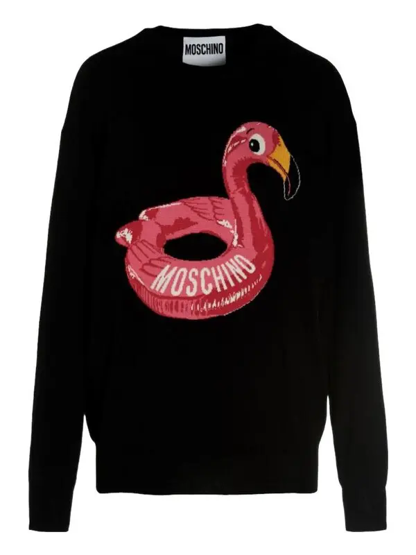 Moschino Intarsia-knit Flamingo Logo Crewneck Jumper - Black