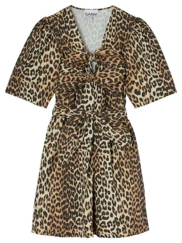 GANNI Tie-front Short Sleeve Dress - Leopard Print