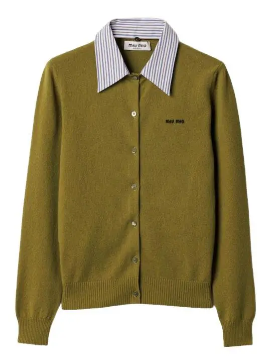 Miu Miu Cashmere Cardigan With Striped Lapel Collar - Fern Green/cocoa Brown