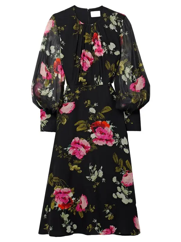 Erdem Round Neck Floral Print Long Sleeve Midi Dress - Black