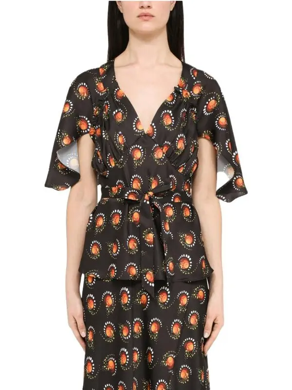 Rabanne V-neck Motif Print Top - Black