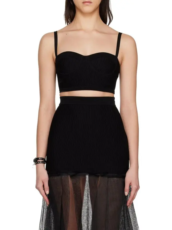 Alexander McQueen Ribbed Sweetheart Neck Cutout Top - Black