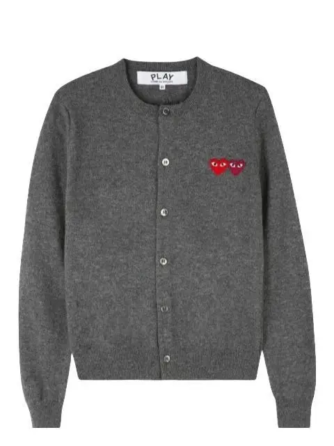 Play Comme Des Garcon Crewneck Knitted Cardigan With Heart Appliqu - Gray/red