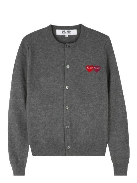 Play Comme Des Garcon Crewneck Knitted Cardigan With Heart Appliqu - Grey/red