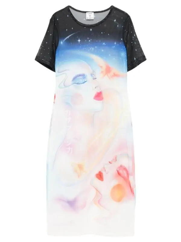Casablanca Graphic Print Mesh Midi Dress - White