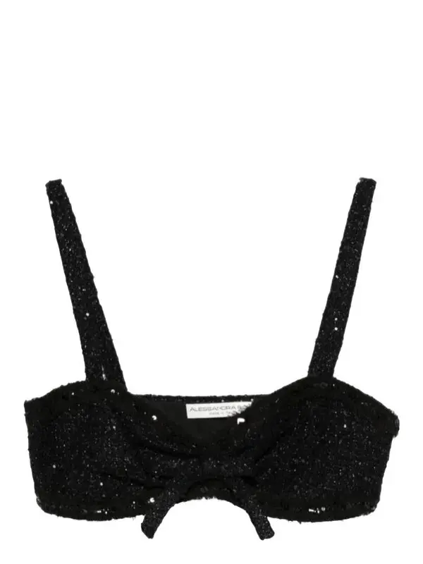 Alessandra Rich Sequined Bow Detail Cropped Top - Black