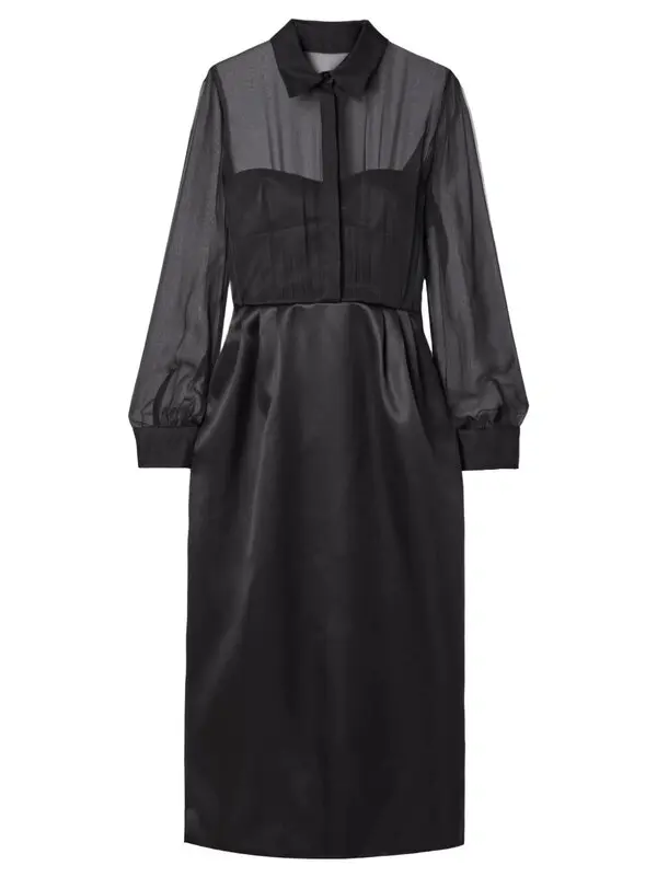 Gabriela Hearst Long Sleeve Sheer Collared Midi Dress - Black