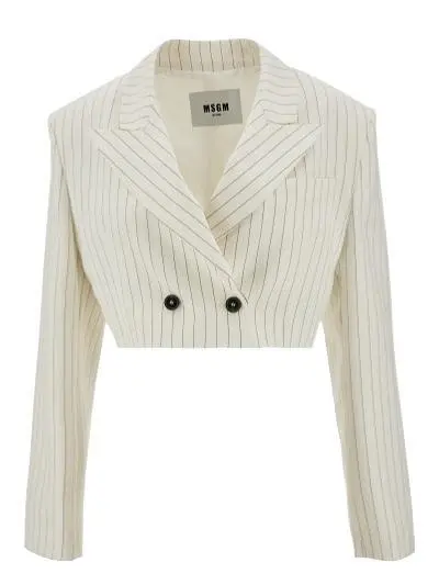 MSGM Cropped Pinstripe Double-breasted Blazer - White