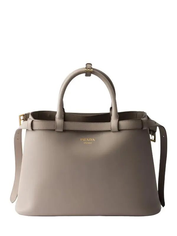 Prada Medium Leather Handbag With Double Belt And Buckle - Pumice Color