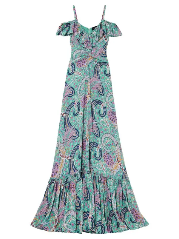 Etro Off-the-shoulder Ruffled Paisley Print Maxi Dress - Green