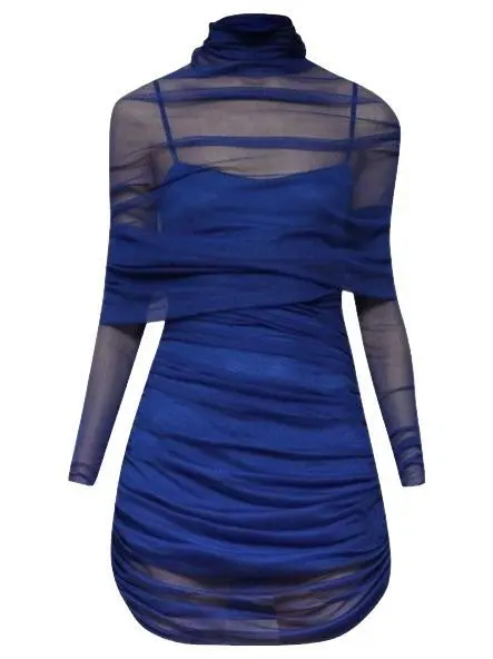 Christopher Esber Draped Sheer Mesh Ruched Bodice Dress - Blue