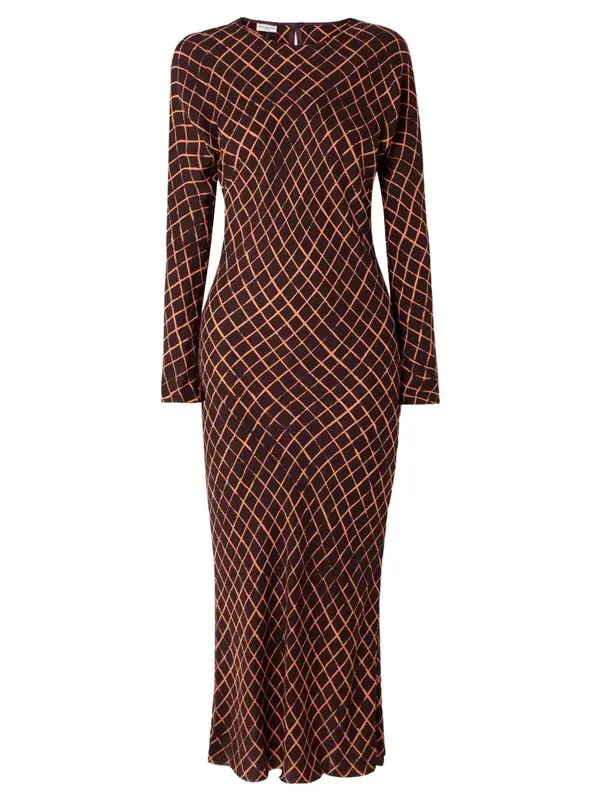 Dries Van Noten Long Sleeve Grid Pattern Dress - Brown