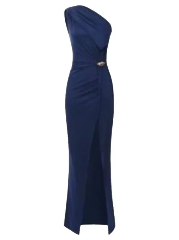 Elisabetta Franchi One-shoulder Gown With Jewel Detail And Slit - Dark Blue