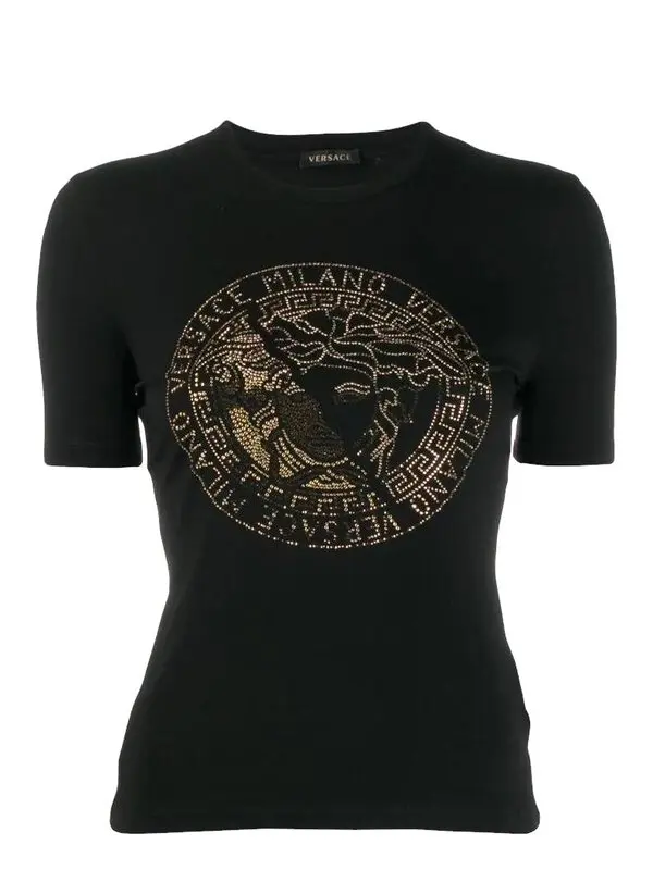 Versace Logo Embellished Round Neck T-shirt - Black