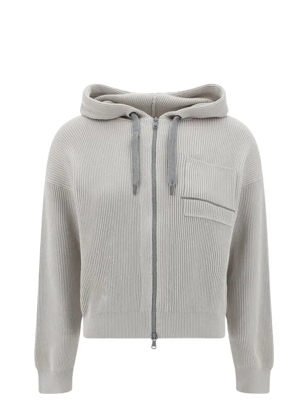 Brunello Cucinelli Rib Knit Drawstring Hoodie - Gray