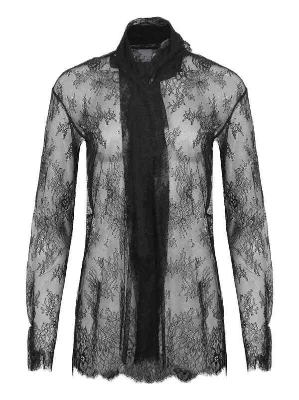 Alberta Ferretti Lace High Neck Top With Pearl Embellishments - Black