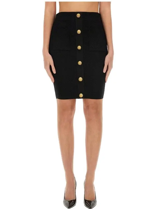 Balmain Herringbone Patterned Pencil Skirt - Black