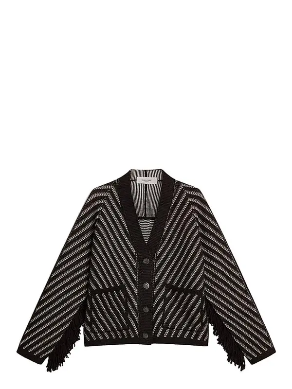 GOLDEN GOOSE Striped Wool Cardigan With Fringe Detail - Black And White